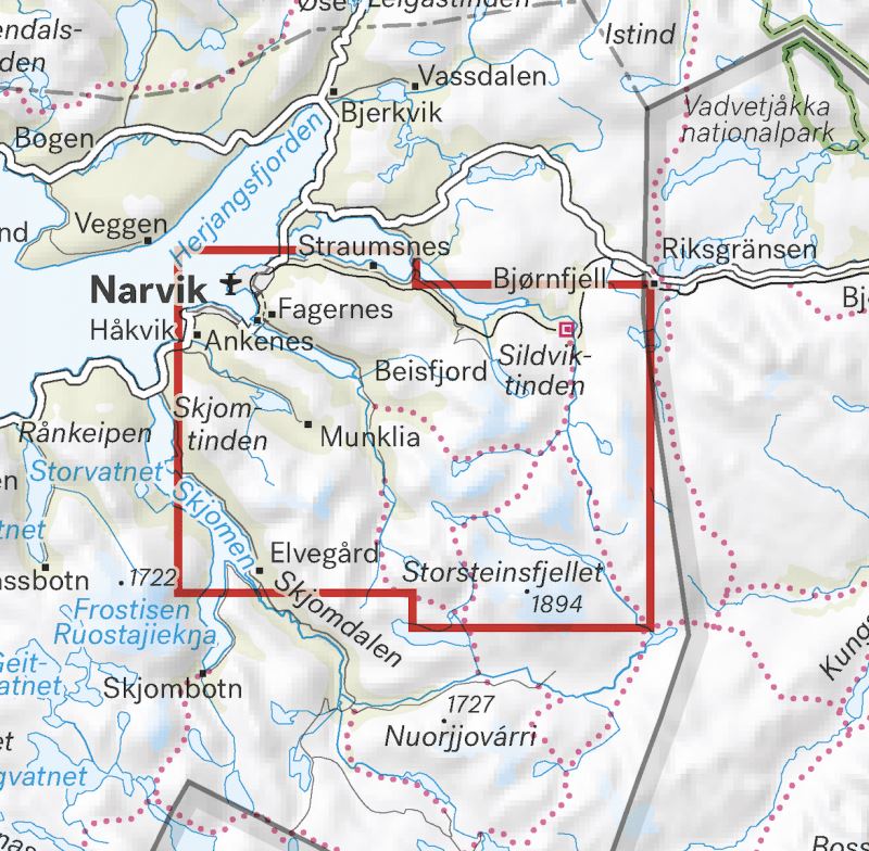 High mountain map - Narvik: Rombakstøtta, Skjomtinden & Storsteinsfjel ...