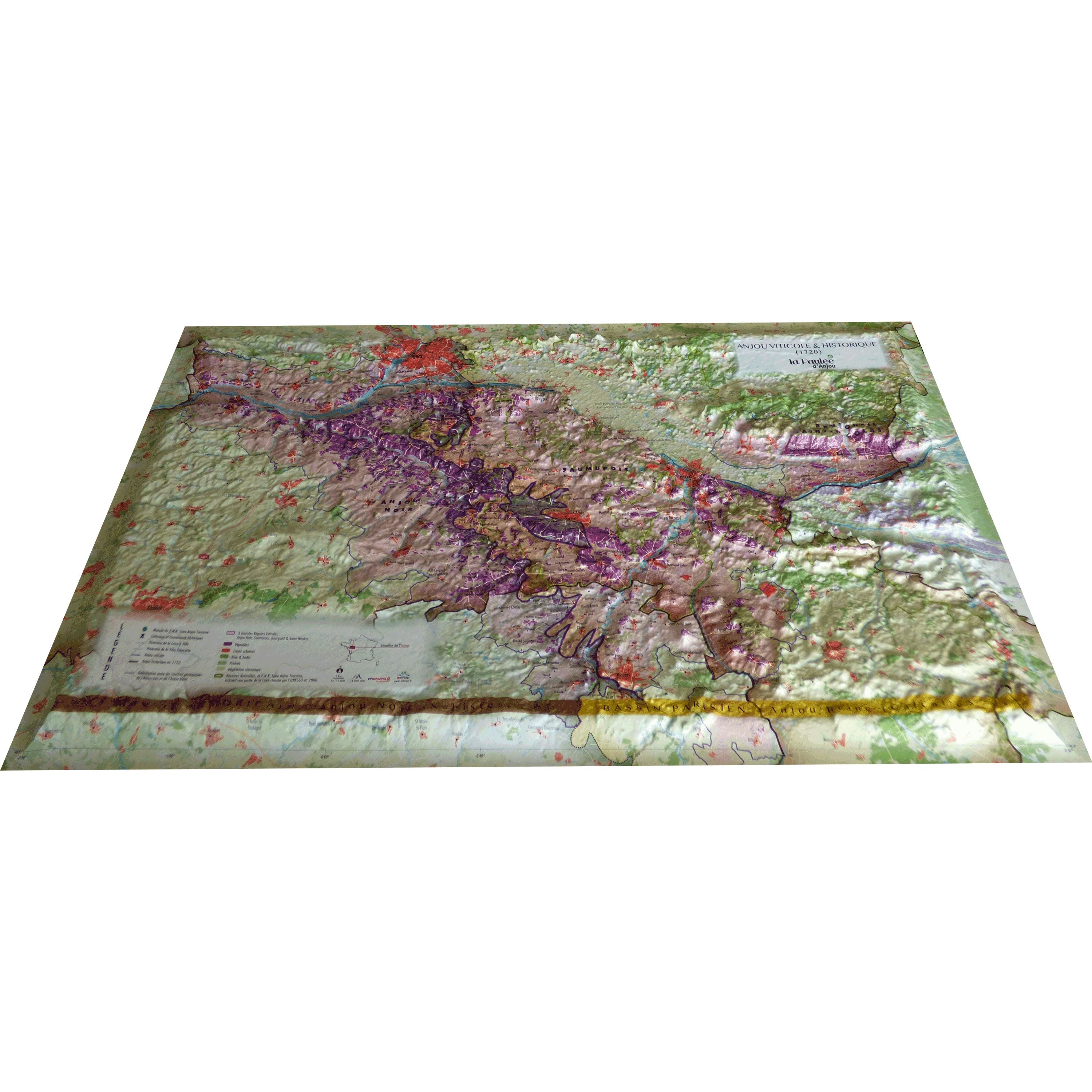 Relief map of the vineyards of Anjou - 61 cm x 41 cm | 3D Map – Cartovia
