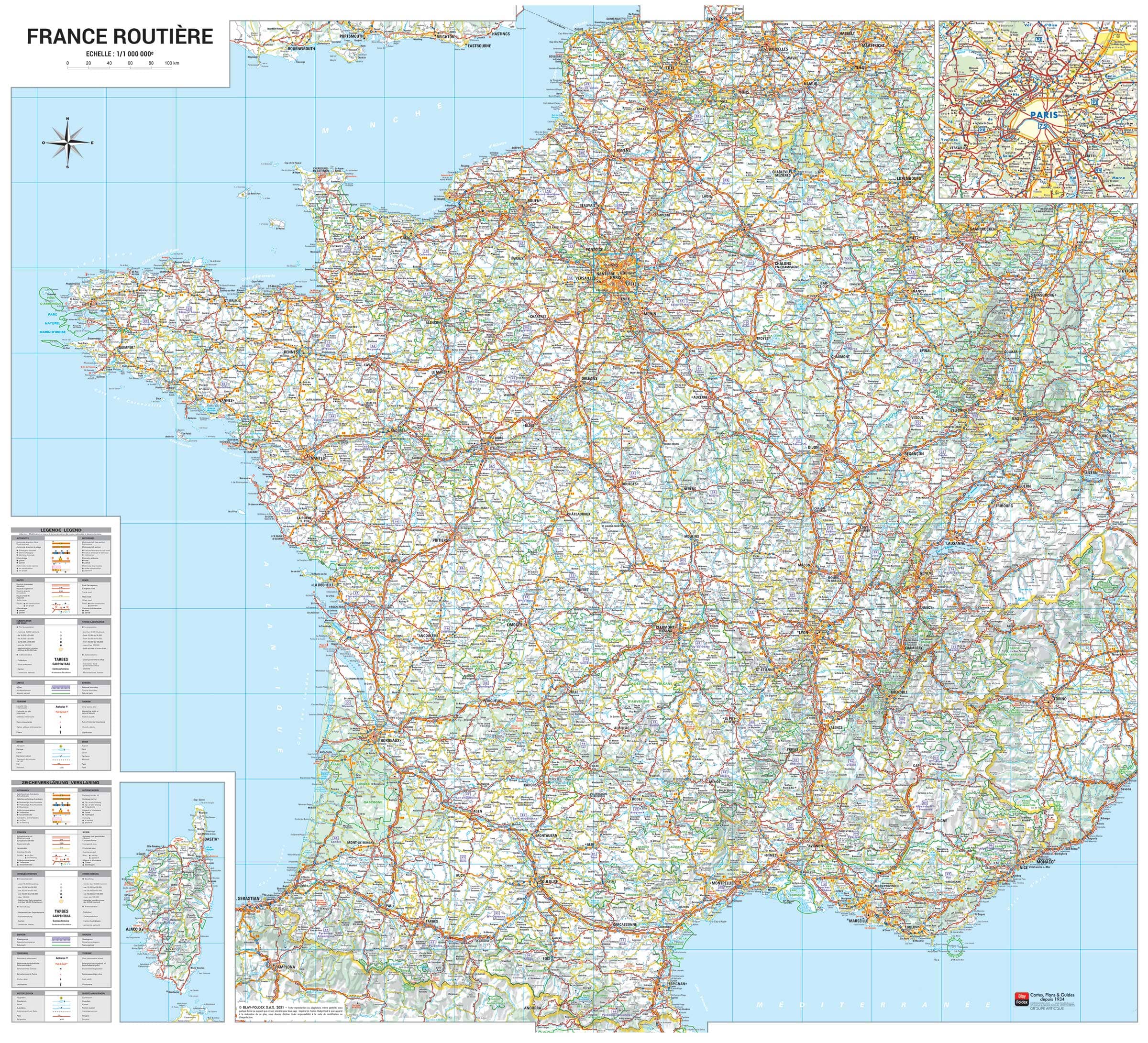 Wall map – France road map (110 x 100 cm) | Blay Foldex – Cartovia