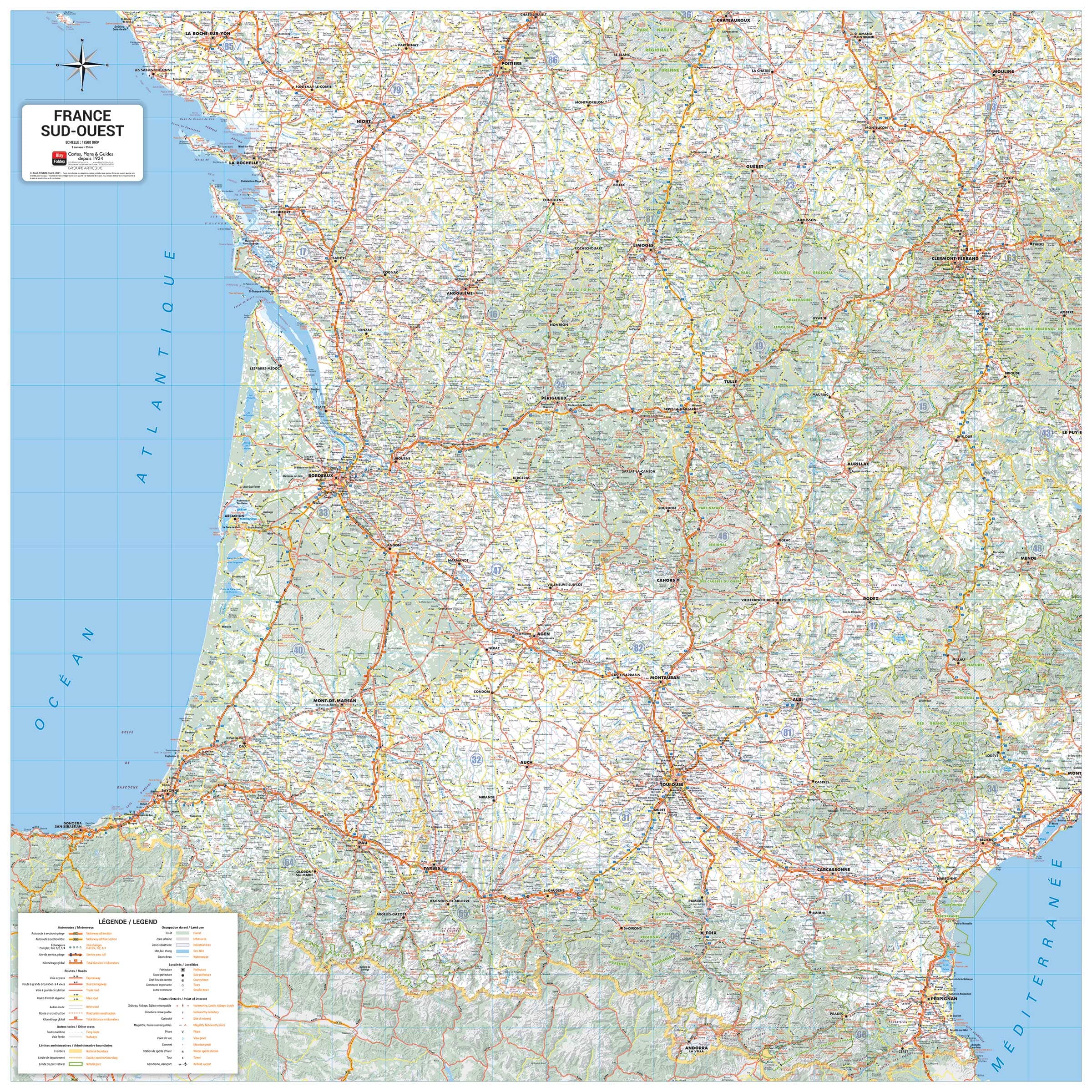 Wall map – Road map of France, Southwest quarter - 100 x 100 cm | Blay ...