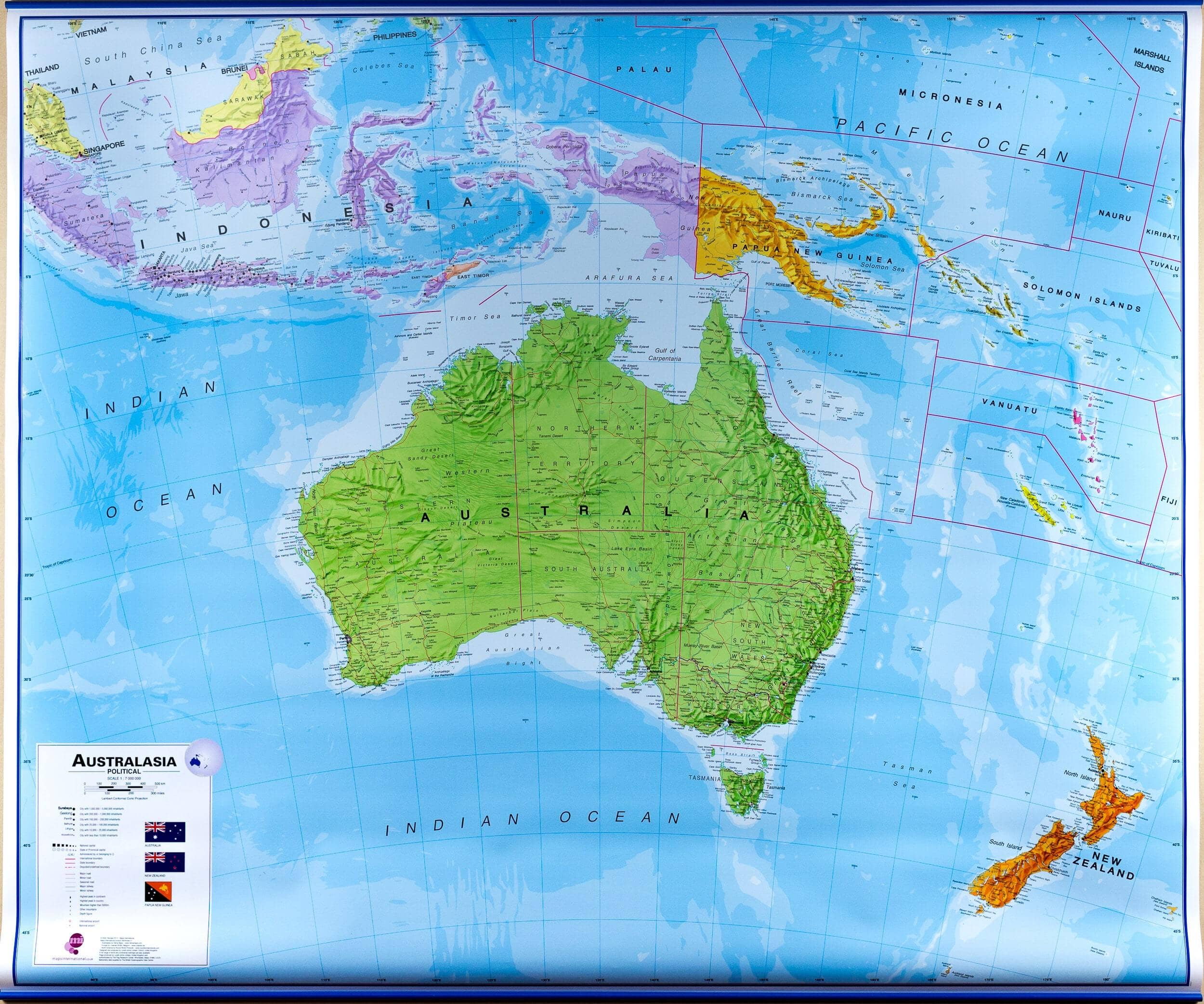Laminated wall map (in English) - Political Australasia, with metal re ...