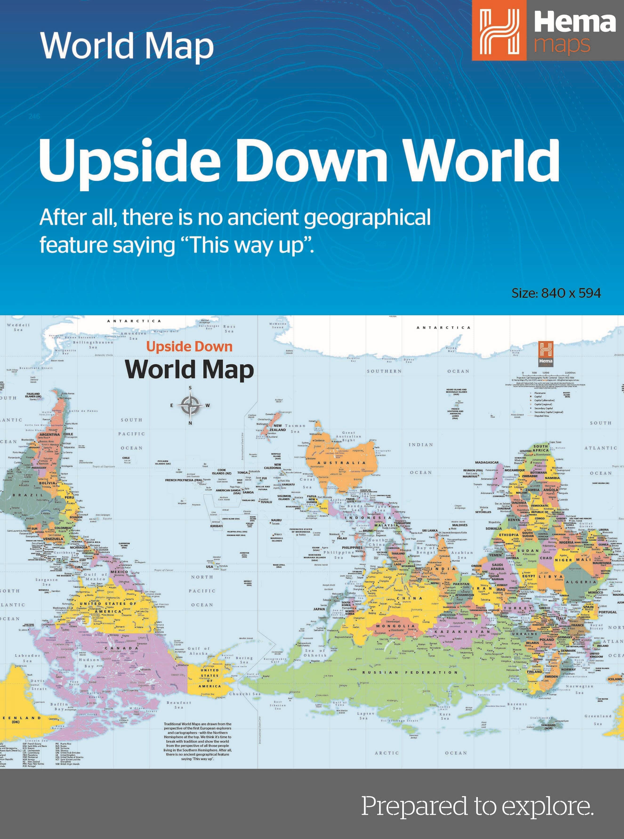 Folded map - Political World Upside Down (English) | Hema Maps – Cartovia